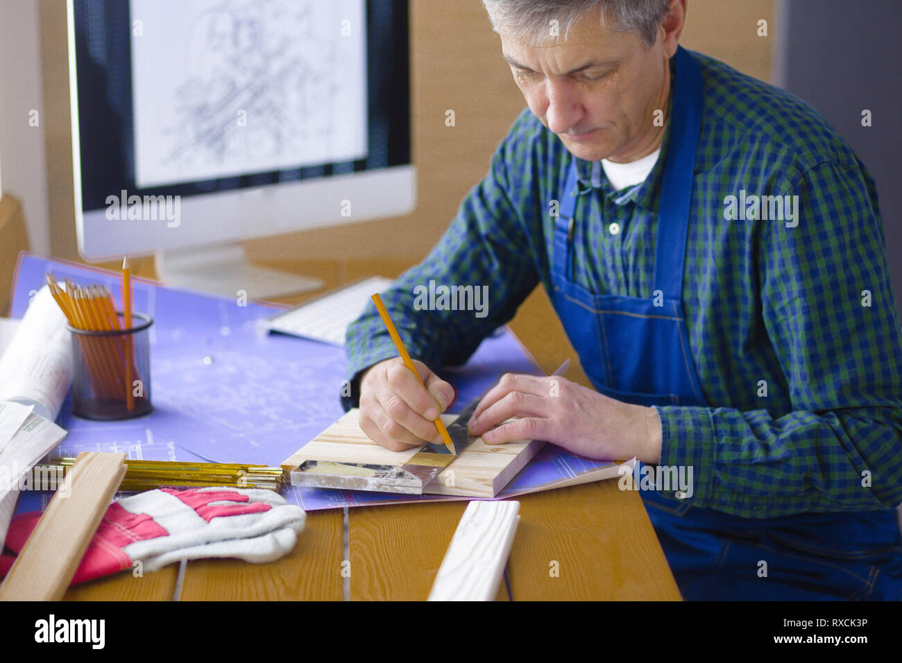 profession, carpentry, woodwork and people concept - carpenter testing ...