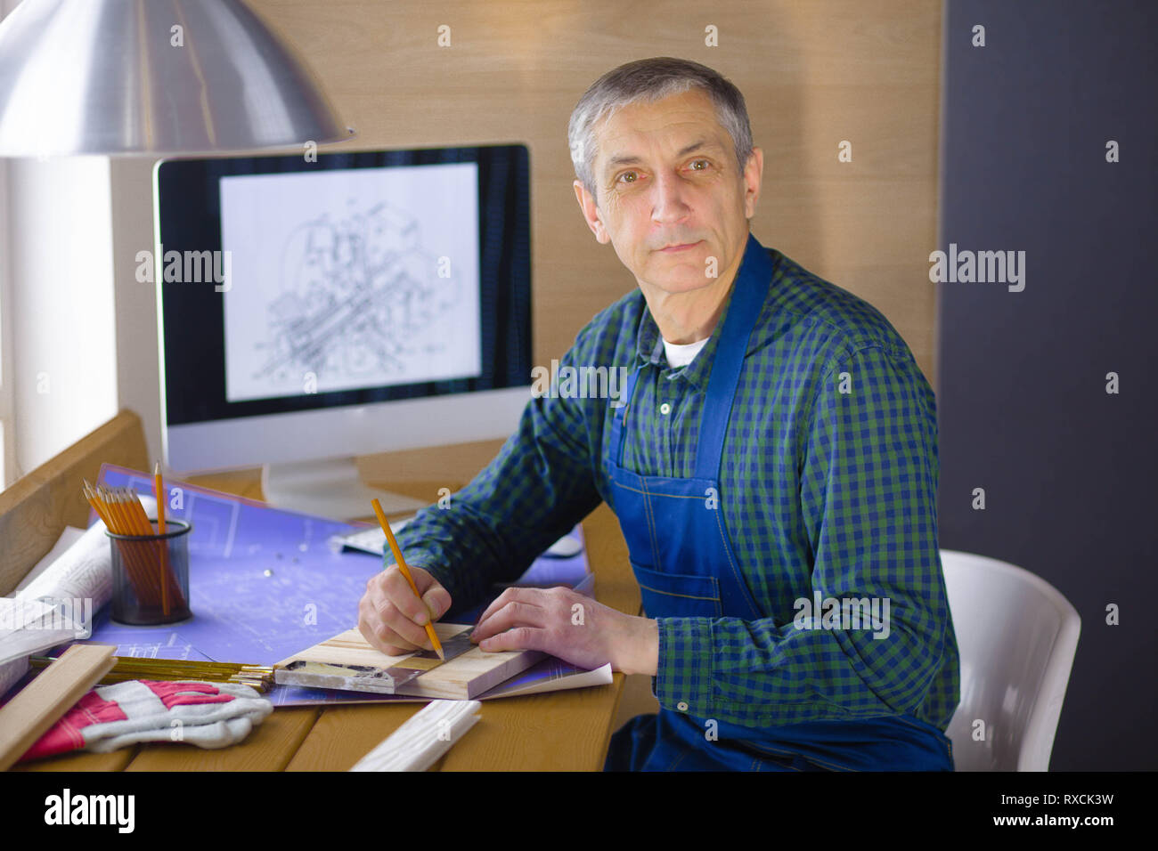 profession, carpentry, woodwork and people concept - carpenter testing ...