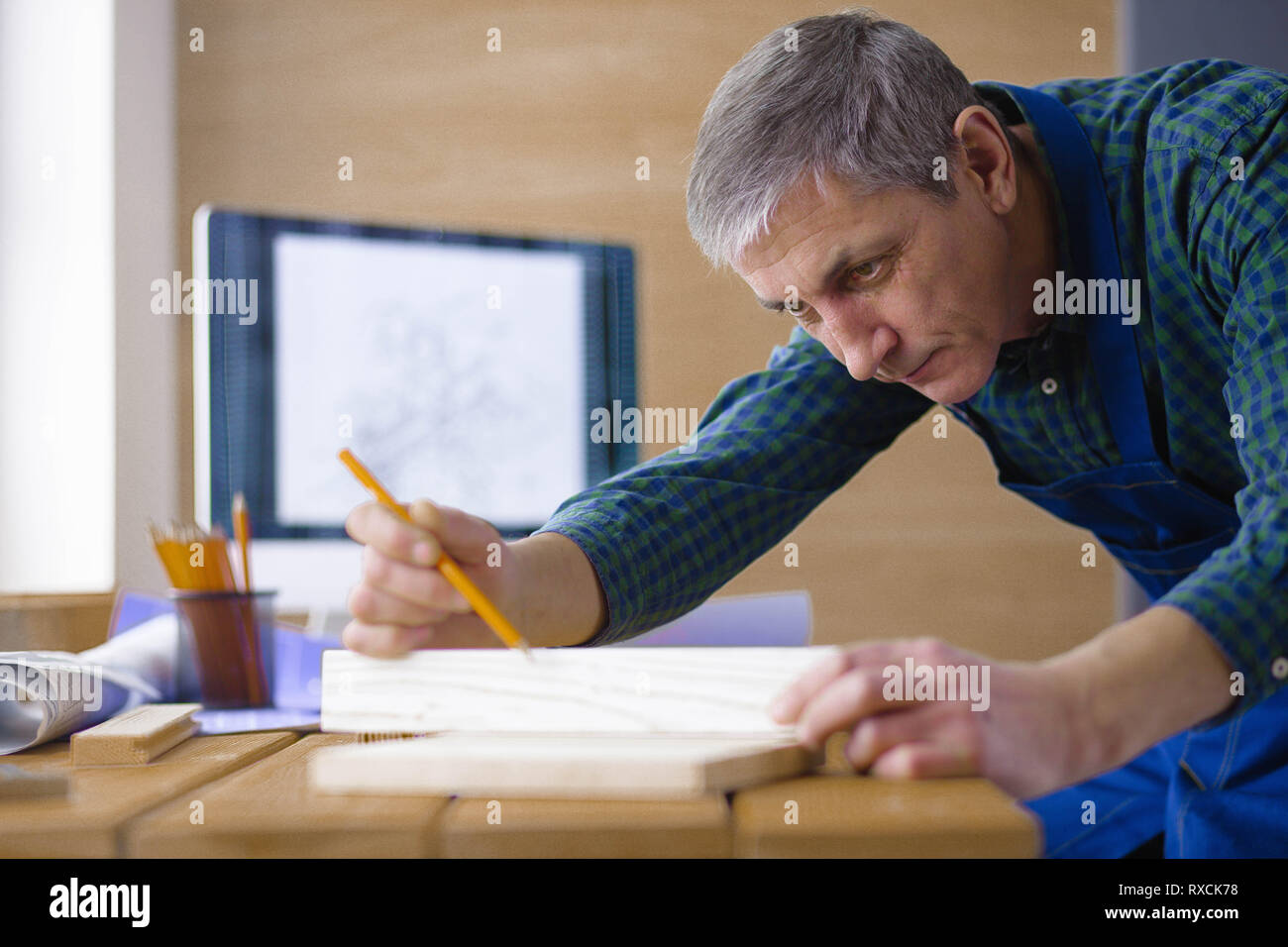 profession, carpentry, woodwork and people concept - carpenter testing ...