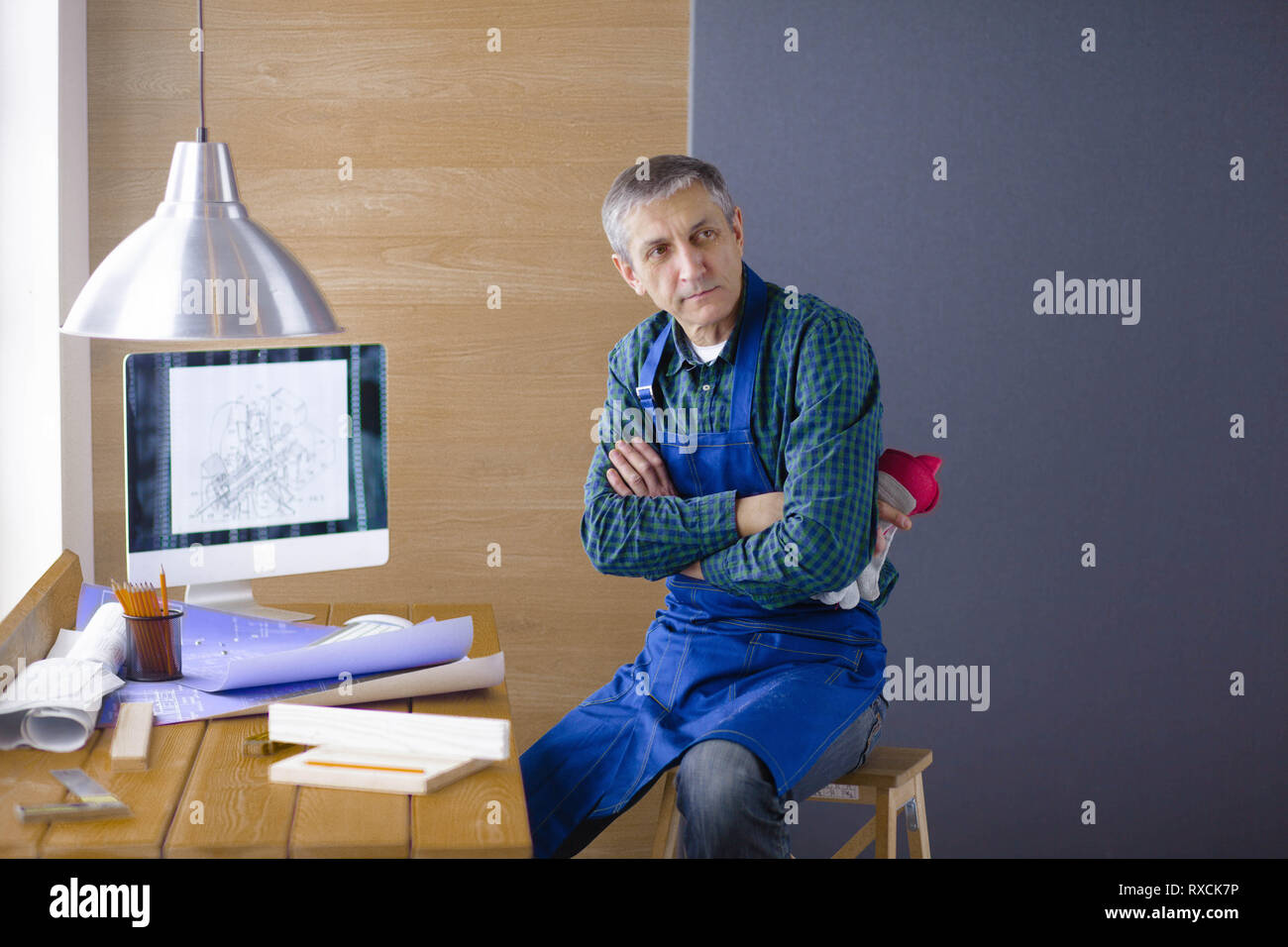 profession, carpentry, woodwork and people concept - carpenter testing ...