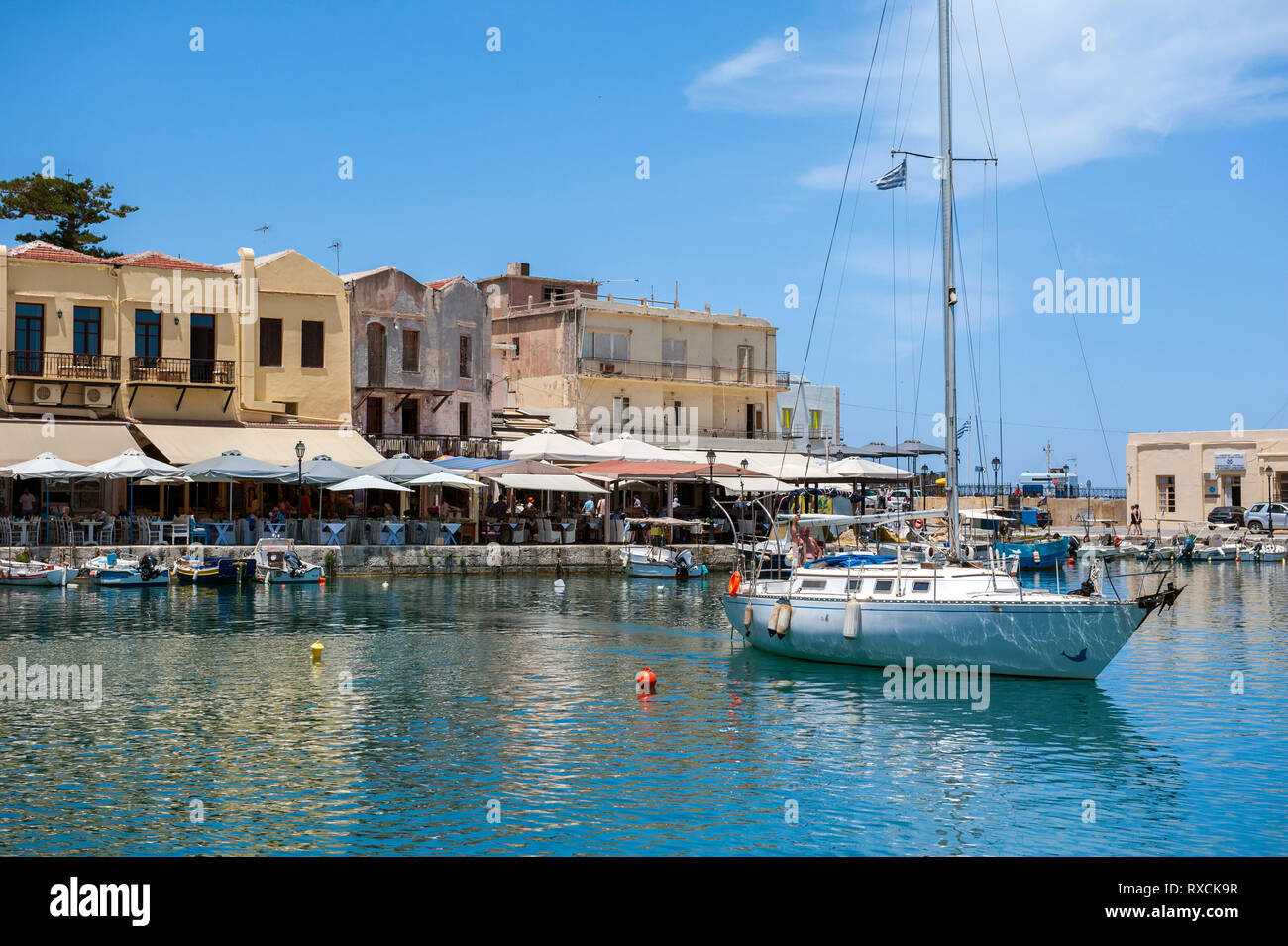 View of the harbour in the old town of Rethymno, known for its Venetian ...