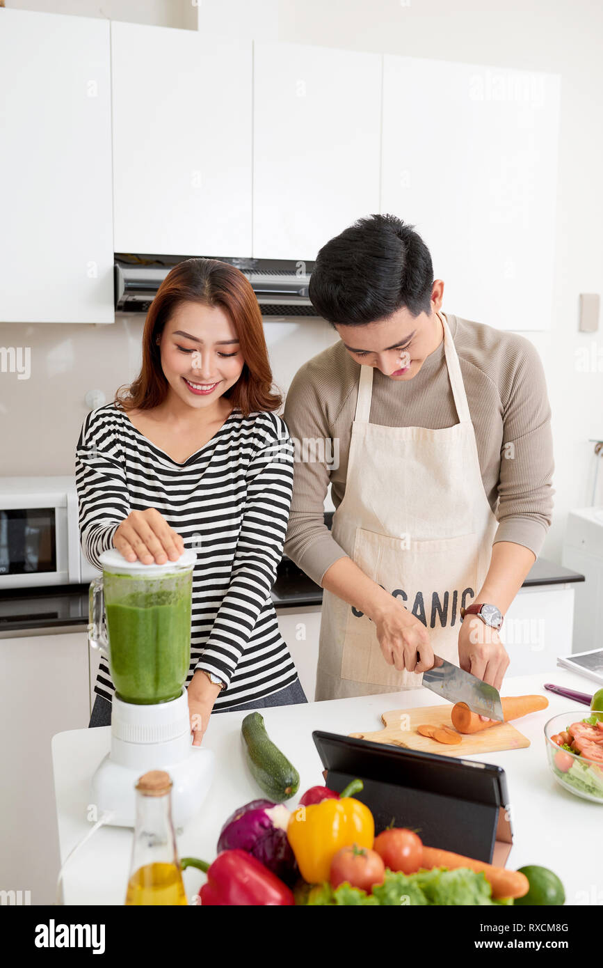 couple lover enjoy together cooking in home kitchen, joining prepare ...