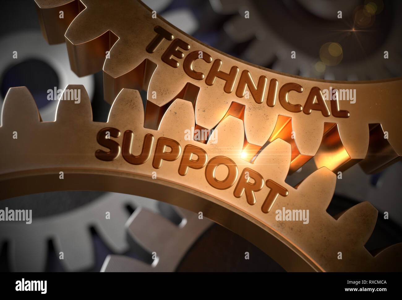 Technical Support on Golden Cog Gears. 3D Illustration Stock Photo - Alamy