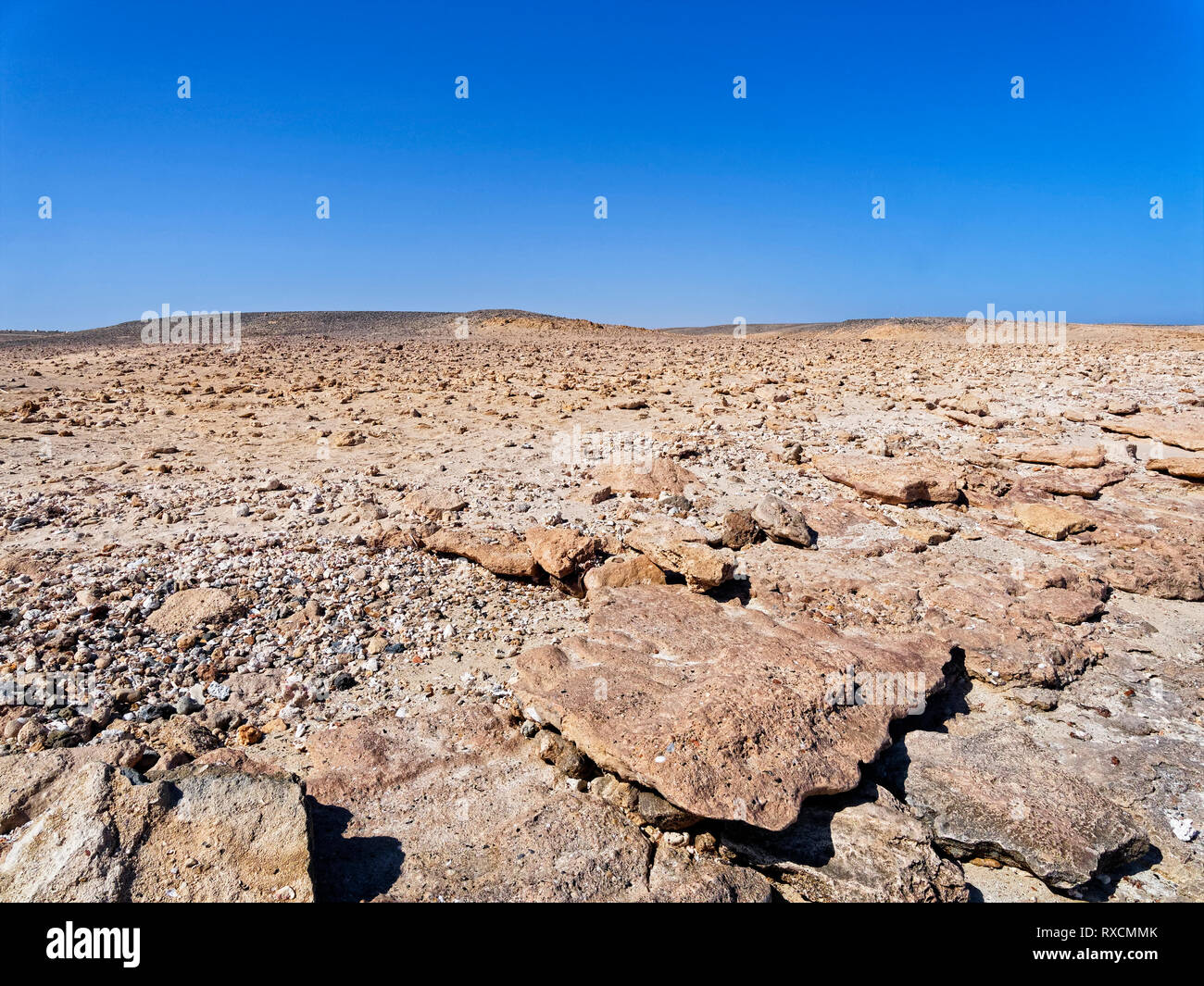 Across a barren desert landscape under a clear, cloudless, blue sky ...