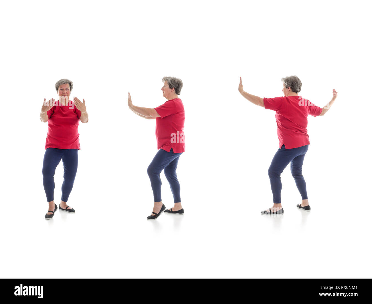 Series of basic Tai chi forms performed by older woman shot on white ...