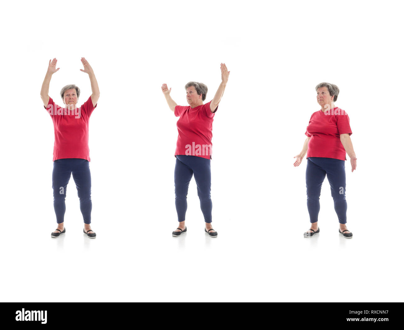 Series of basic Tai chi forms performed by older woman shot on white ...