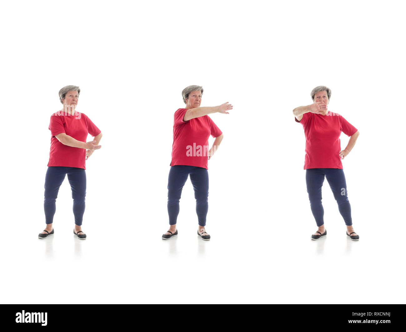 Series of basic Tai chi forms performed by older woman shot on white ...
