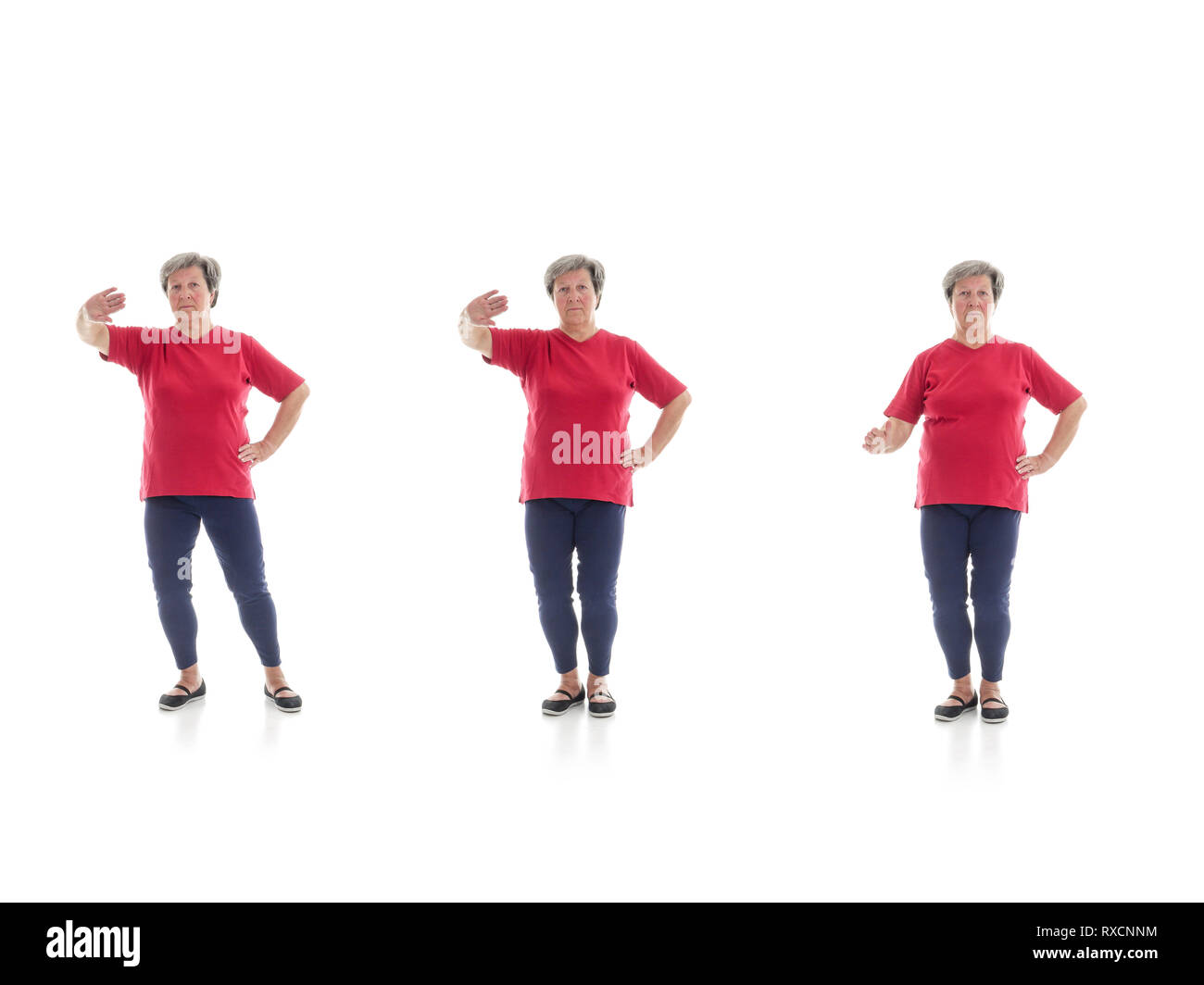 Series of basic Tai chi forms performed by older woman shot on white ...