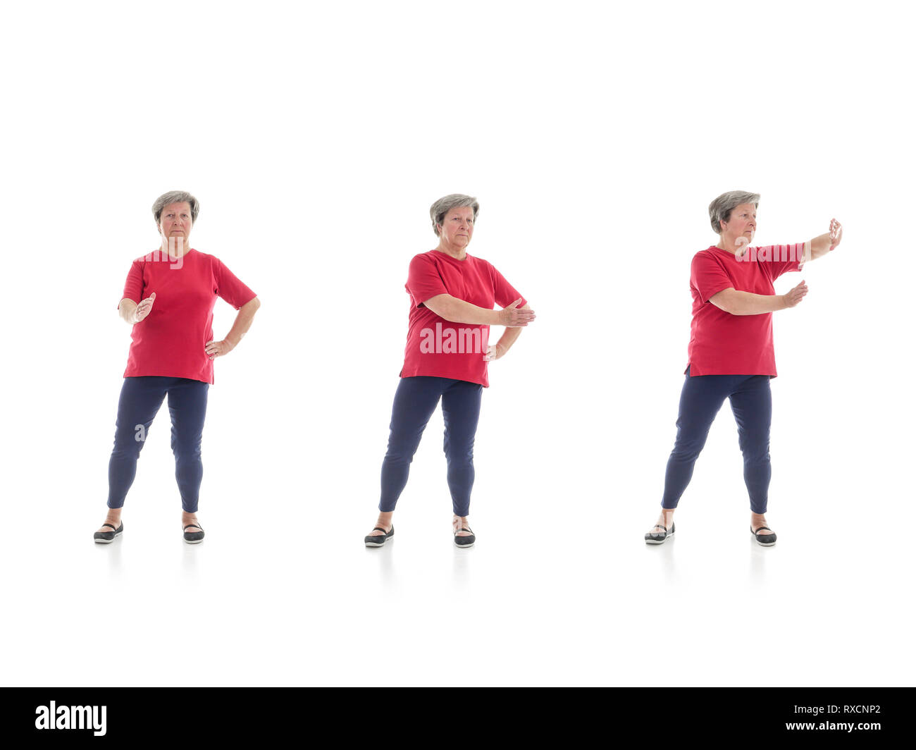 Series of basic Tai chi forms performed by older woman shot on white ...
