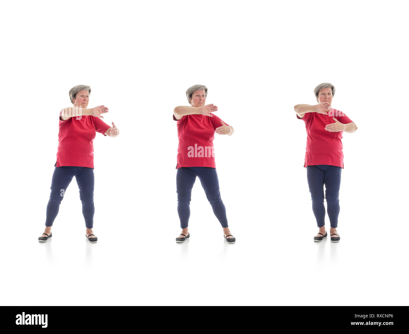 Series of basic Tai chi forms performed by older woman shot on white ...