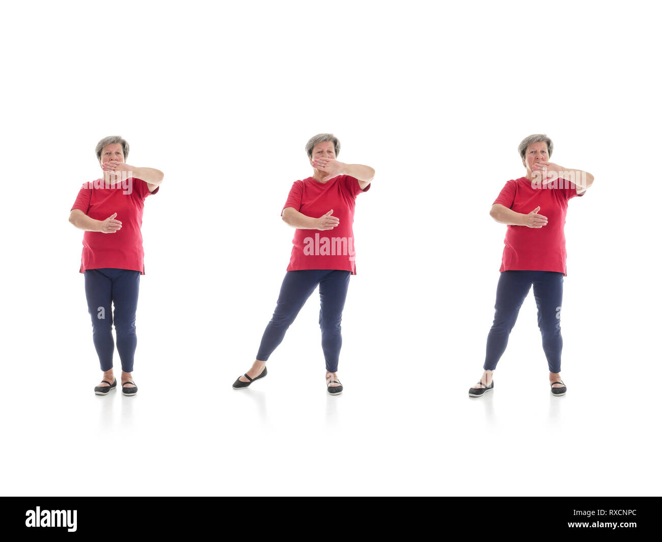 Series of basic Tai chi forms performed by older woman shot on white ...
