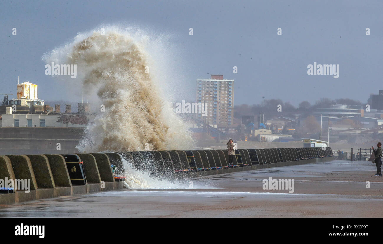 High winds and a high tide at New Brighton, Wirral, causes waves to ...