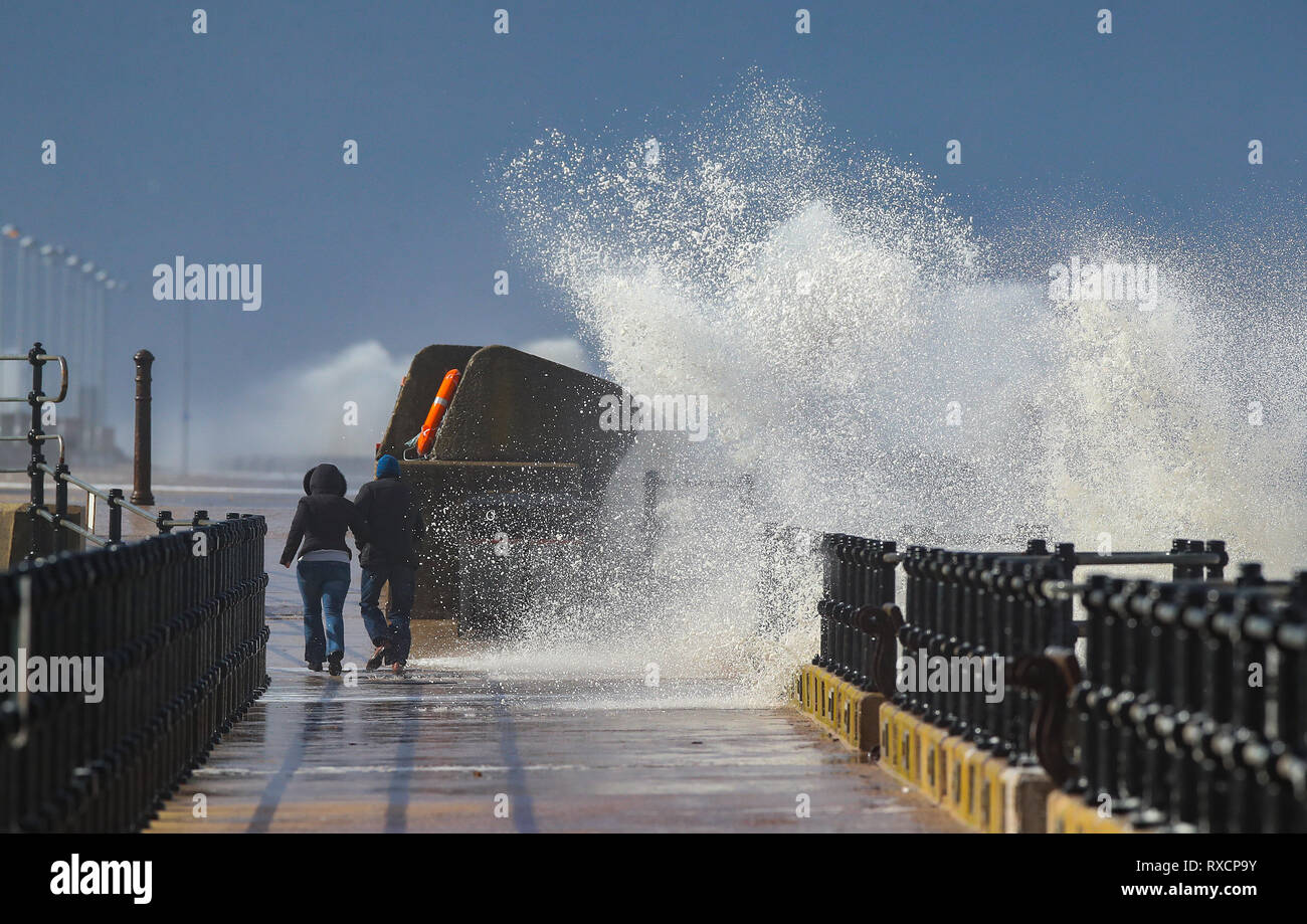 High winds and a high tide at New Brighton, Wirral, causes waves to ...