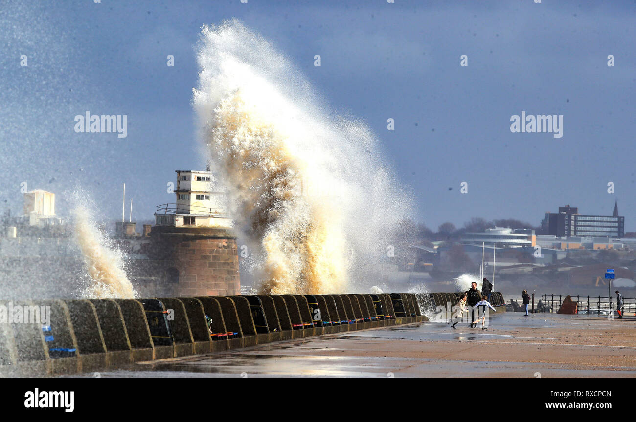 High winds and a high tide at New Brighton, Wirral, causes waves to ...