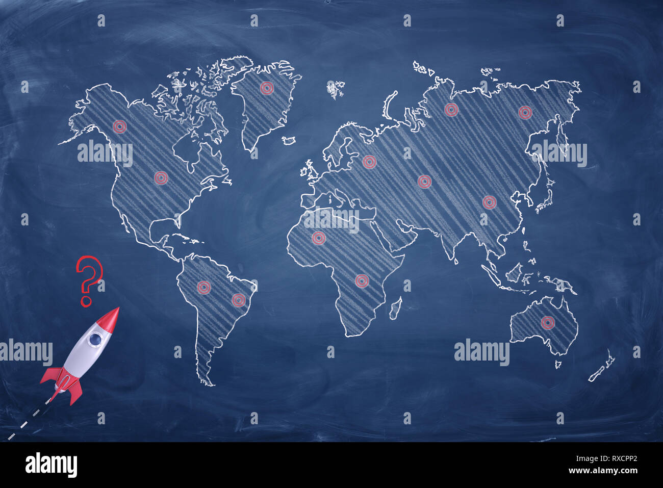 3d rendering of a small white and red rocket near a blackboard with an ...