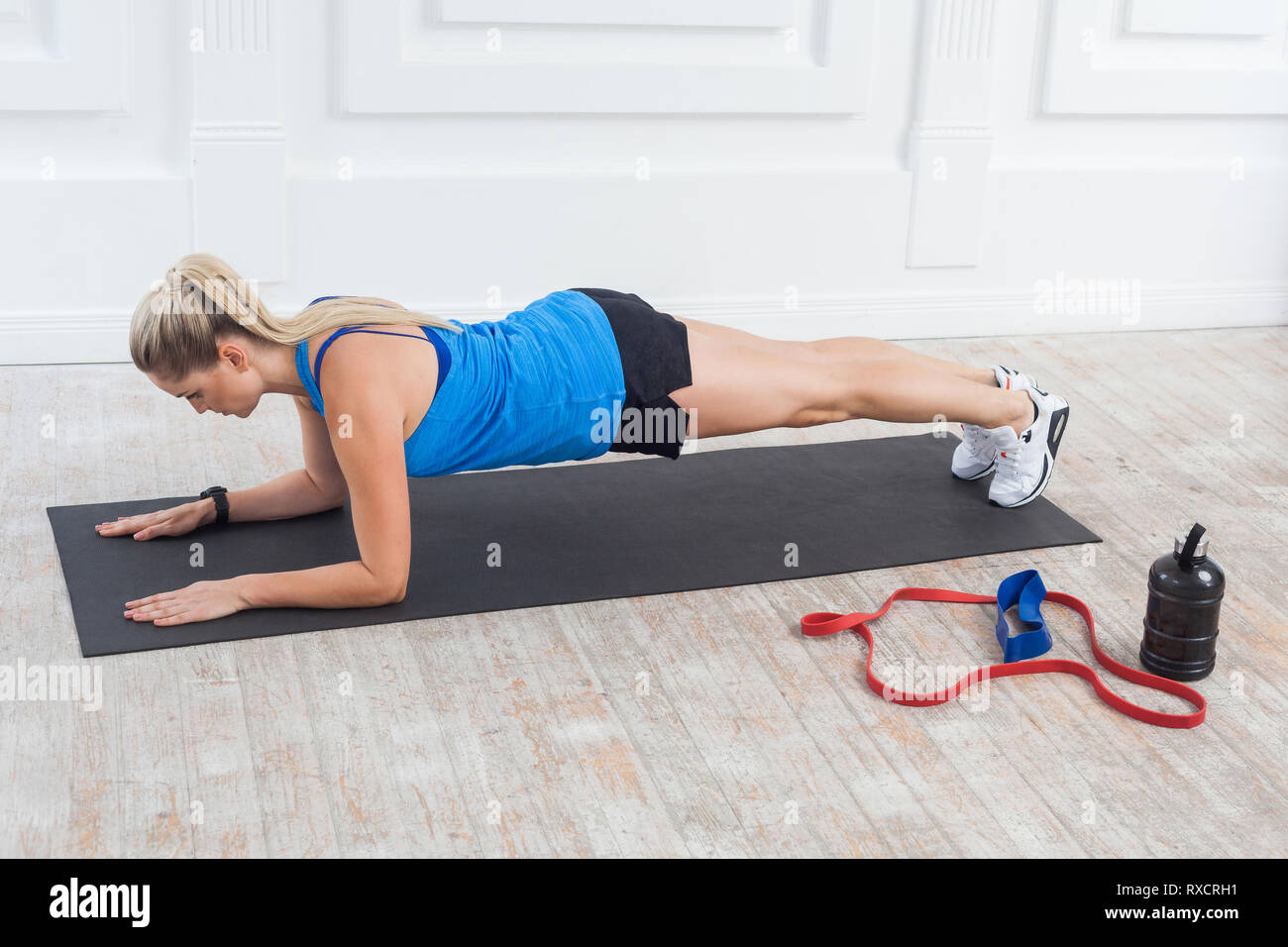 Side view of muscular sporty strong young beautiful athletic caucasian ...