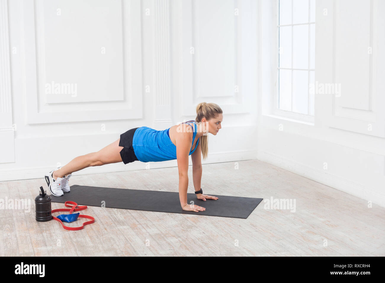 Side view of muscular sporty strong young beautiful athletic caucasian ...