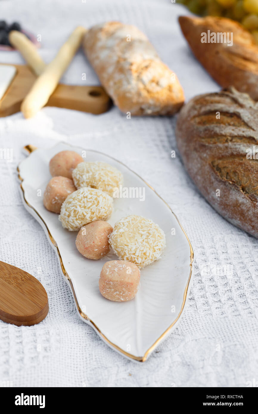 Sugar free hand made sweets layout on plates Stock Photo - Alamy