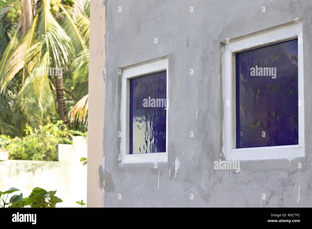 A couple of blue windows of a building in a tropical place (Ari Atoll ...