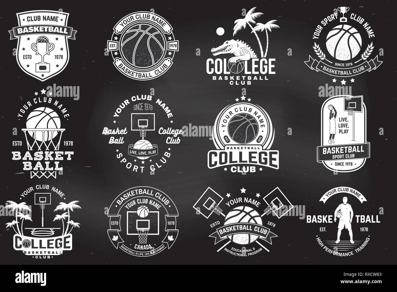 Set of basketball college club badge on the chalkboard. Vector. Concept ...