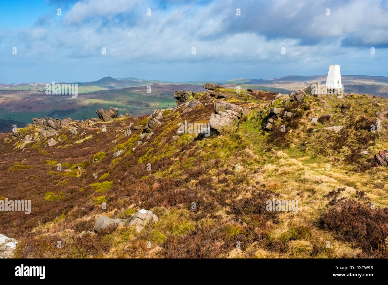Trig point on the Roaches ridge in the Peak District National Park, UK ...