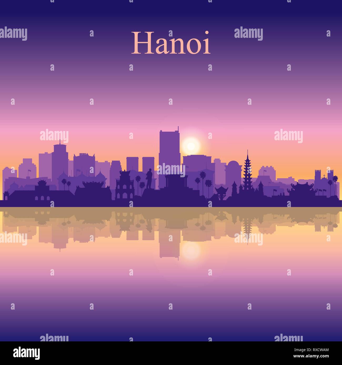 Hanoi city silhouette on sunset background vector illustration Stock ...