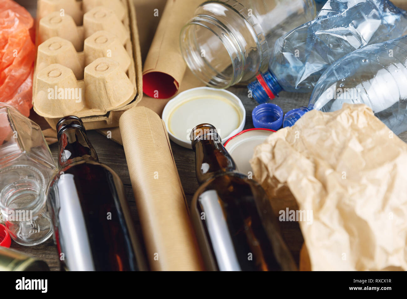 Recycled paper cardboard glass plastic and metal hi-res stock ...