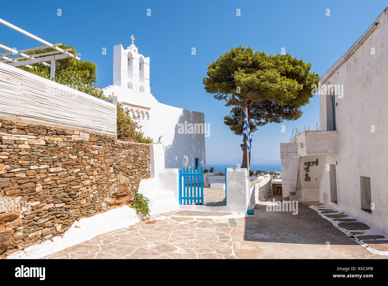 Square with Greek church in Apollonia, the capital of Sifnos. Cyclades ...