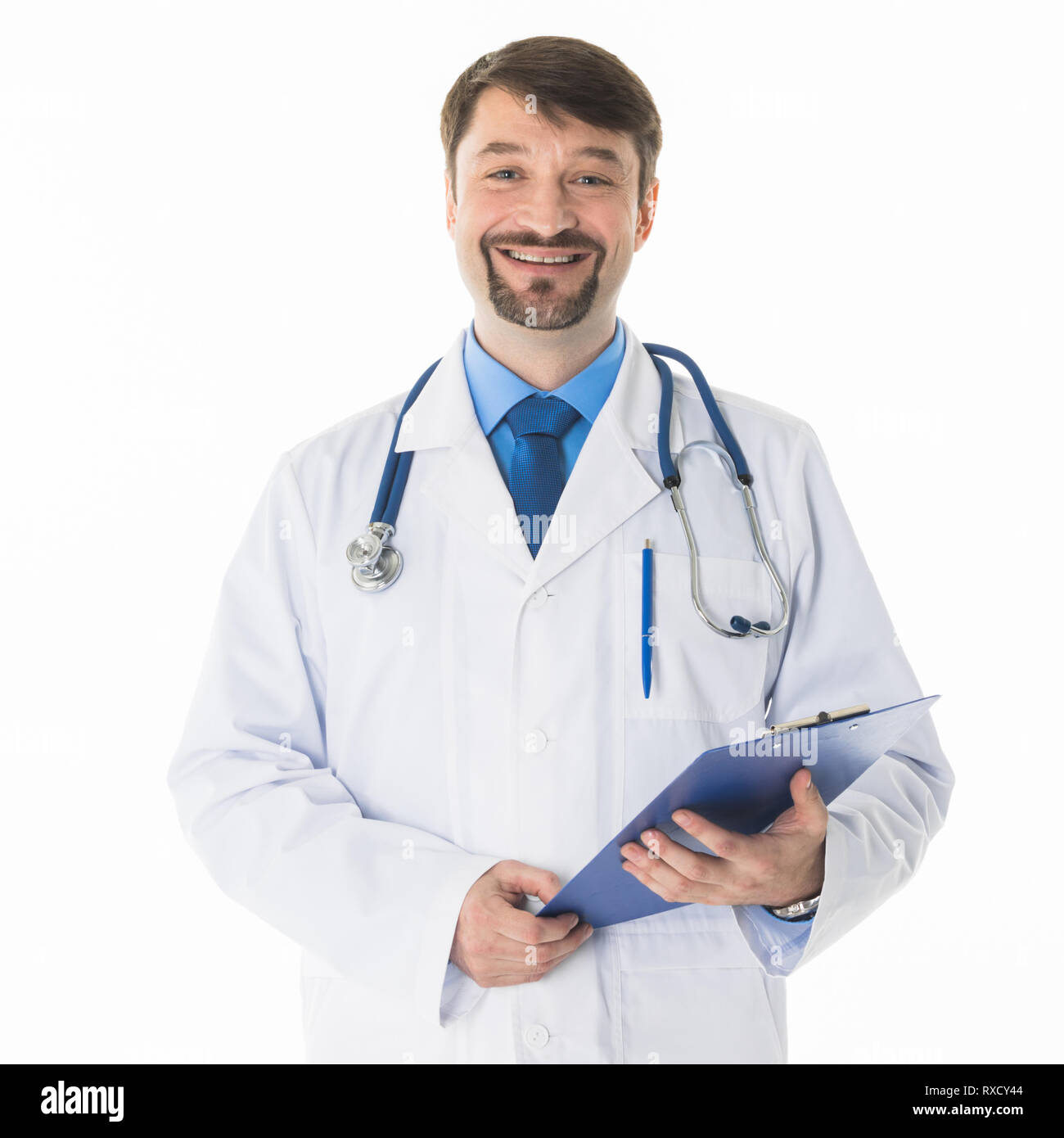 Happy smiling male doctor standing with folder, isolated on white ...
