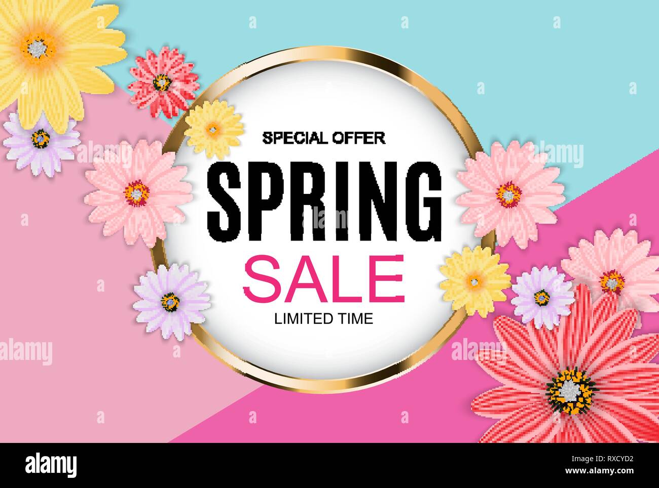 Spring Sale Cute Background with Colorful Flower Elements. Vector ...