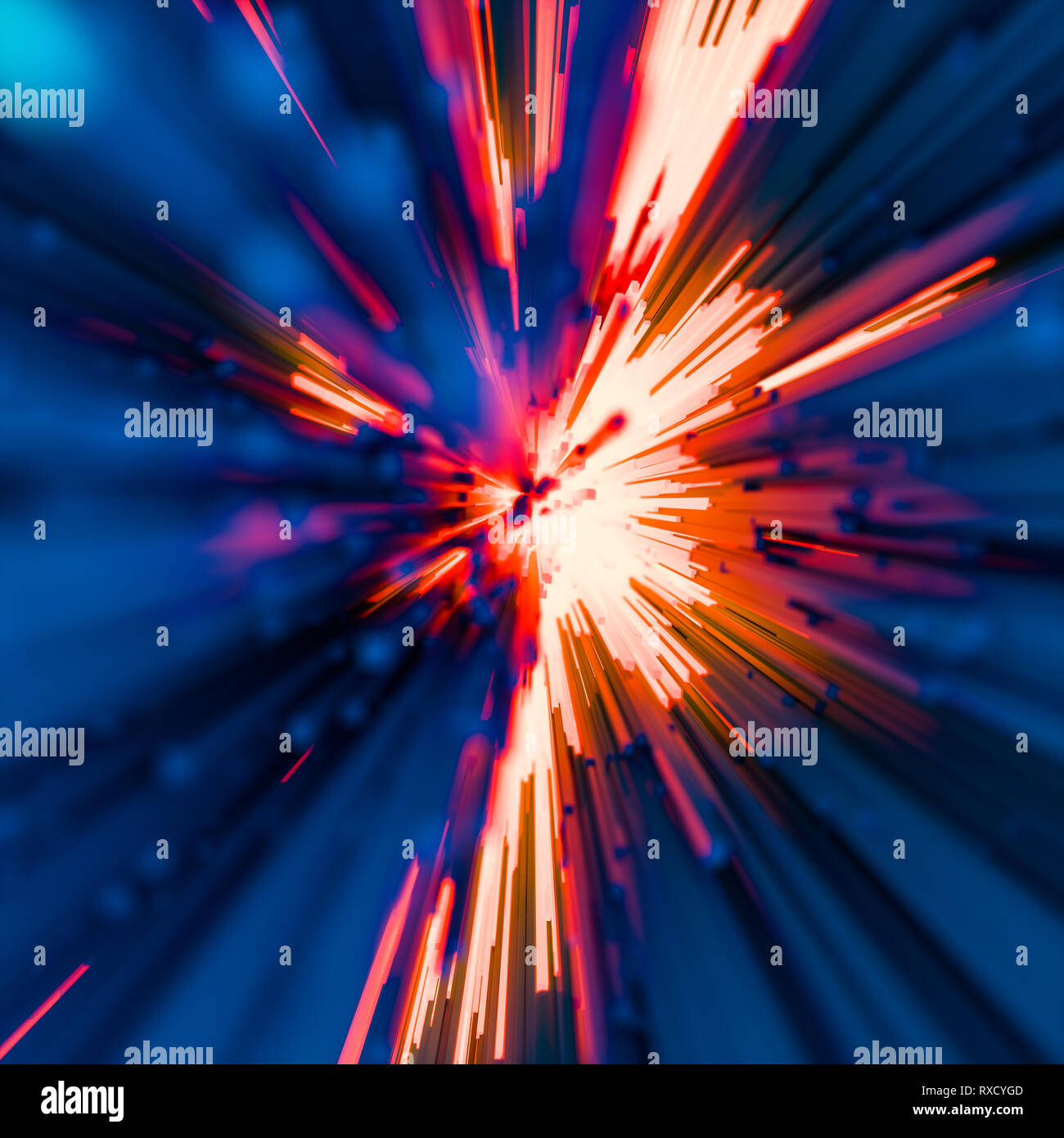 Furious blast or explosion design with square, blue bars on a glowing ...