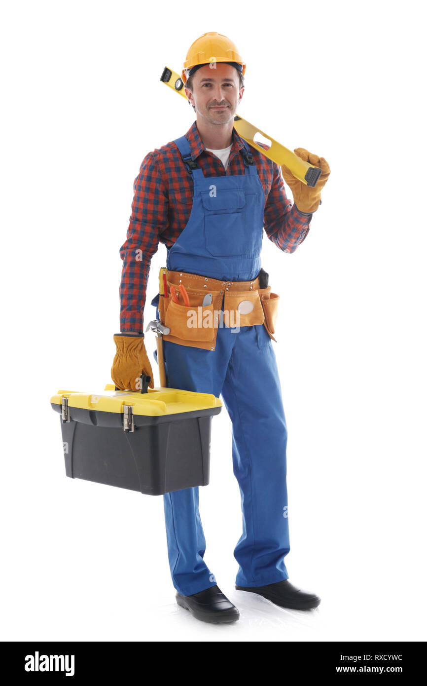 Young friendly manual worker with box of tools isolated on white ...