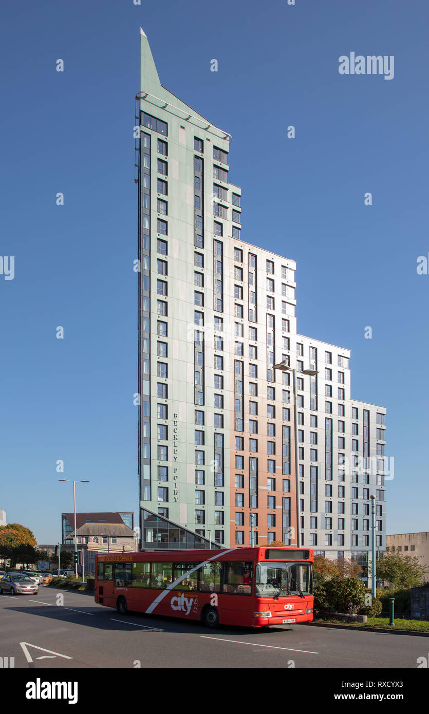 Beckley Point with a red city bus passing by in Plymouth, South Devon ...