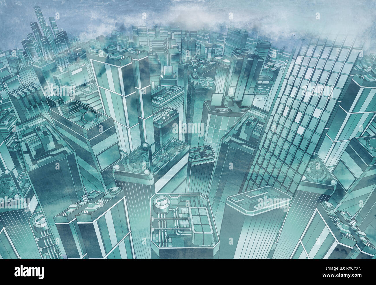 Panorama of a large, stylized metropolis from above, in turquoise color ...