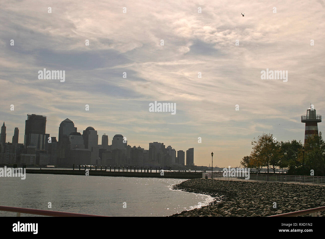 View of Hudson River's waterfront in Newport, NJ, with view of ...