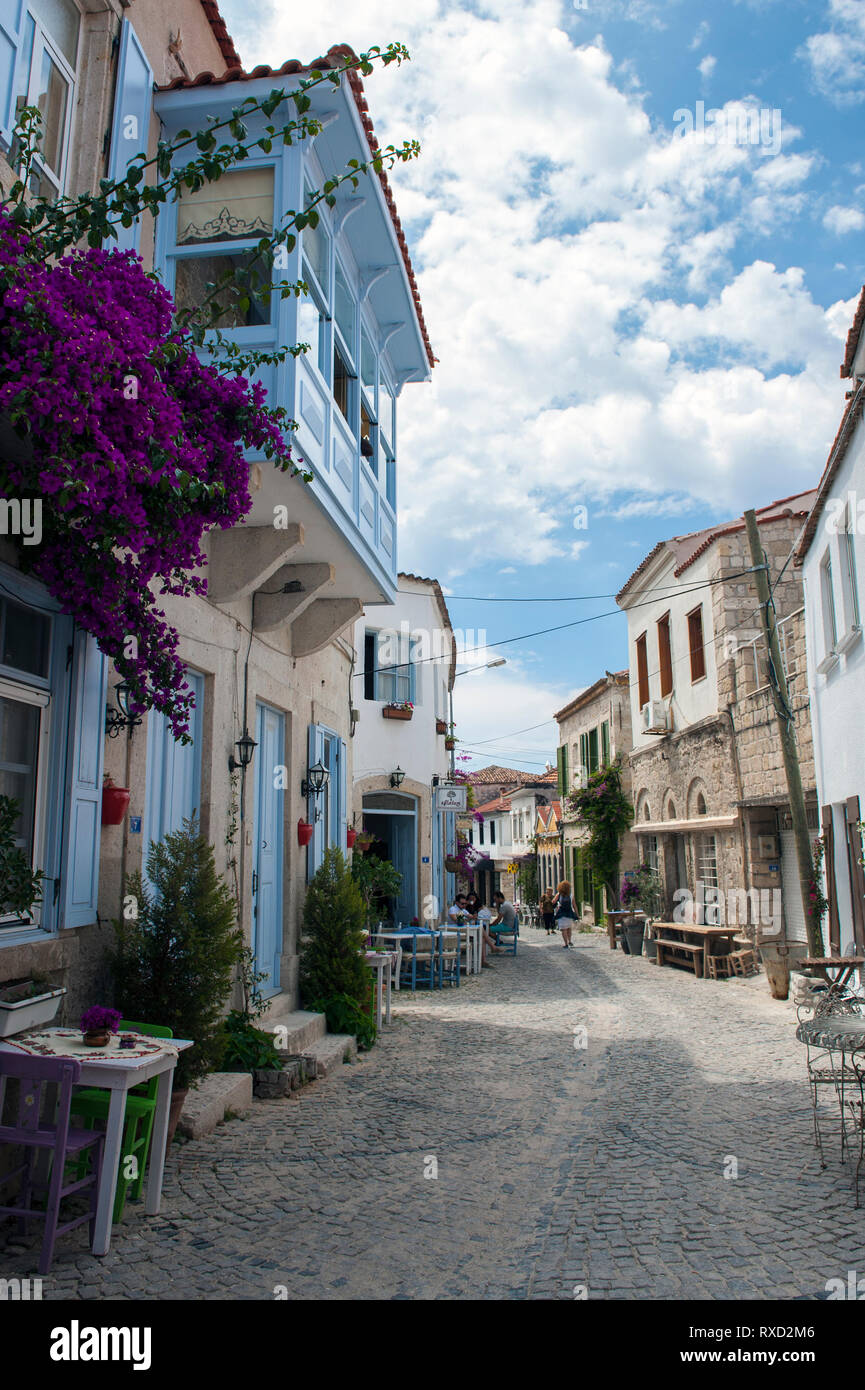 A street scene in the village of Alacati, a Greek built town on Turkey ...