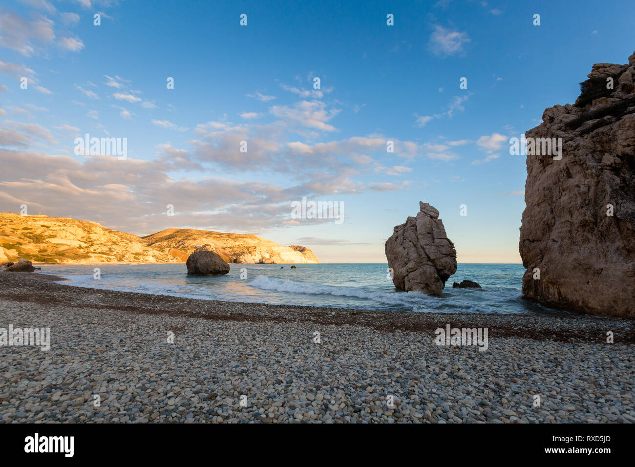Beautiful Aphrodite's rock on stone beach during susnet. Landscape ...