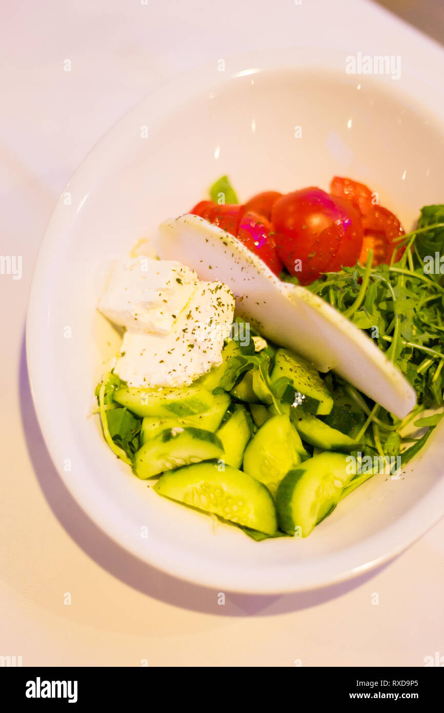 Vegetarian village salad in local restaurant in Larnaca. Traditional ...