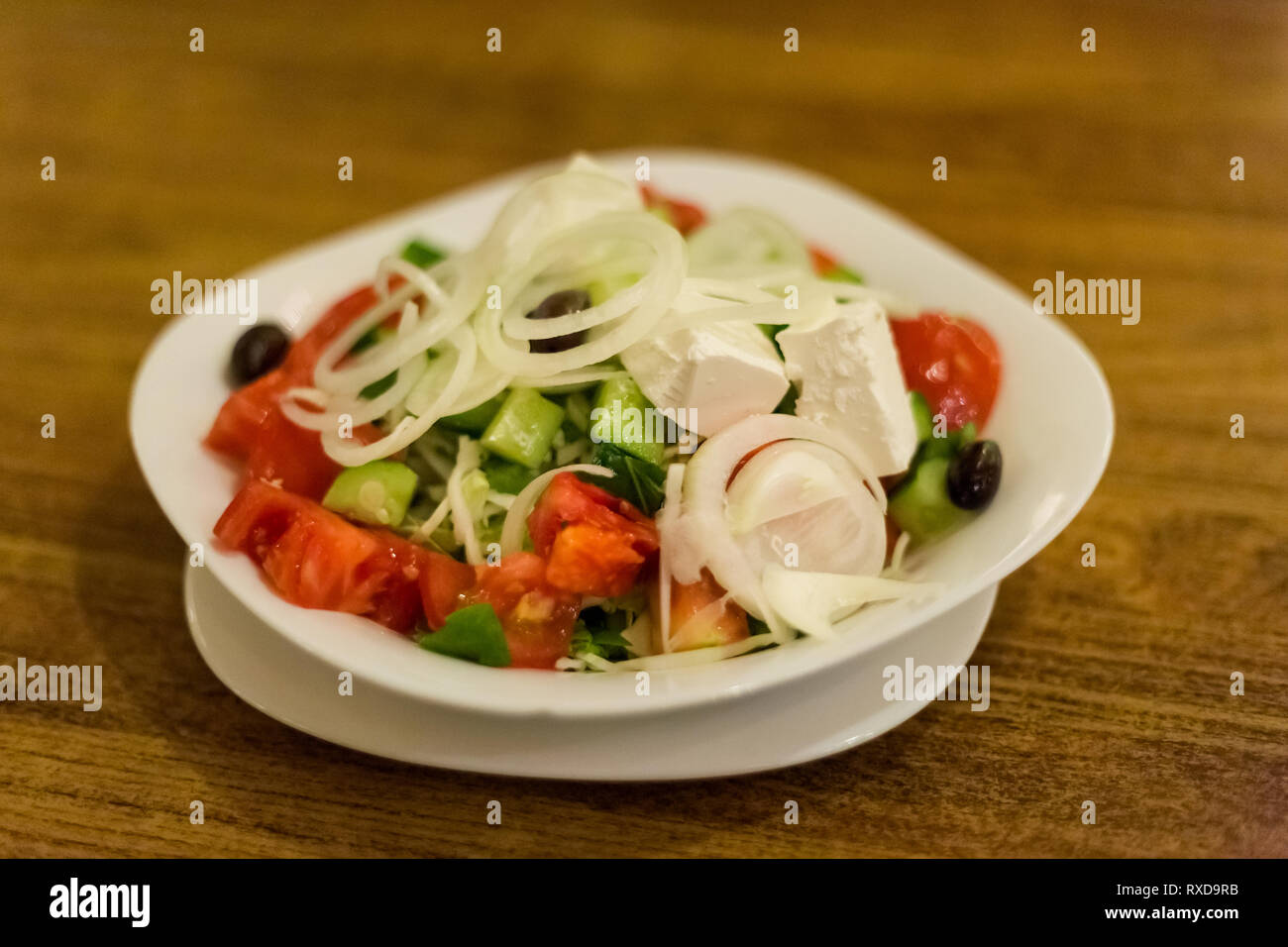 Vegetarian village salad in local restaurant in Larnaca. Traditional ...