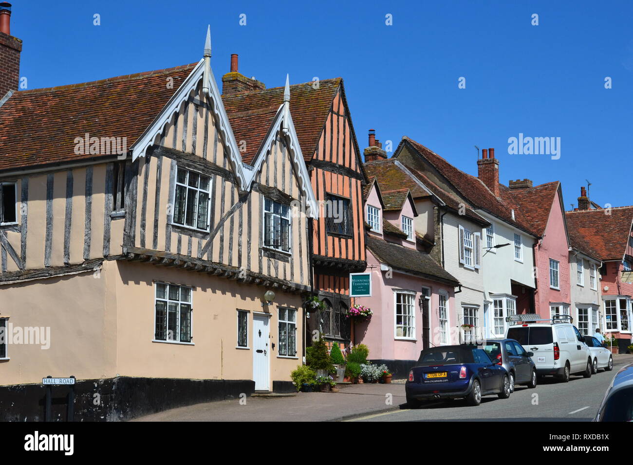 Historic Tudor half-timbered buildings in Lavenham High Street, Suffolk ...