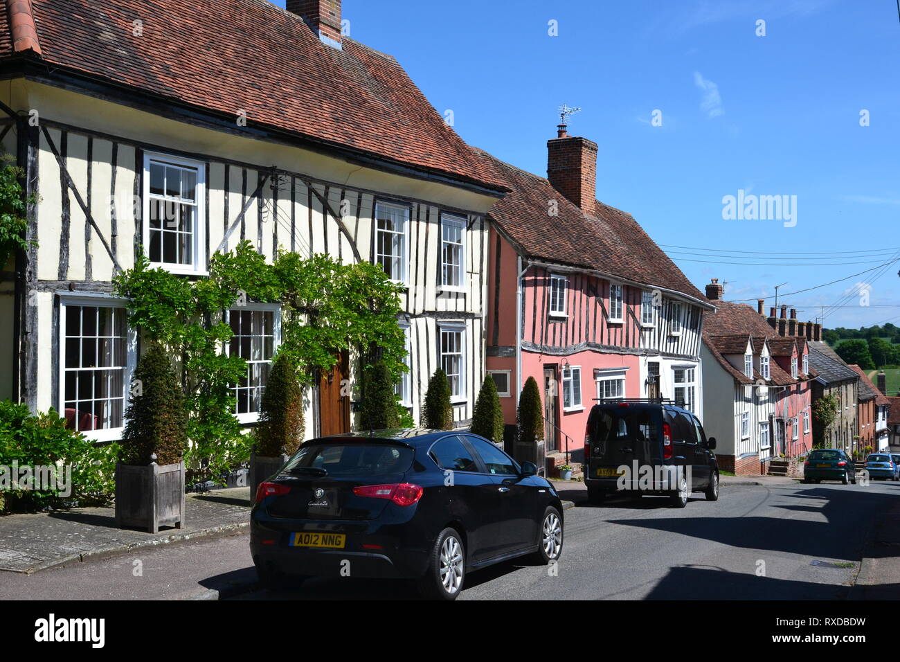 Historic Tudor half-timbered buildings in Lavenham, Suffolk, UK. Sunny ...