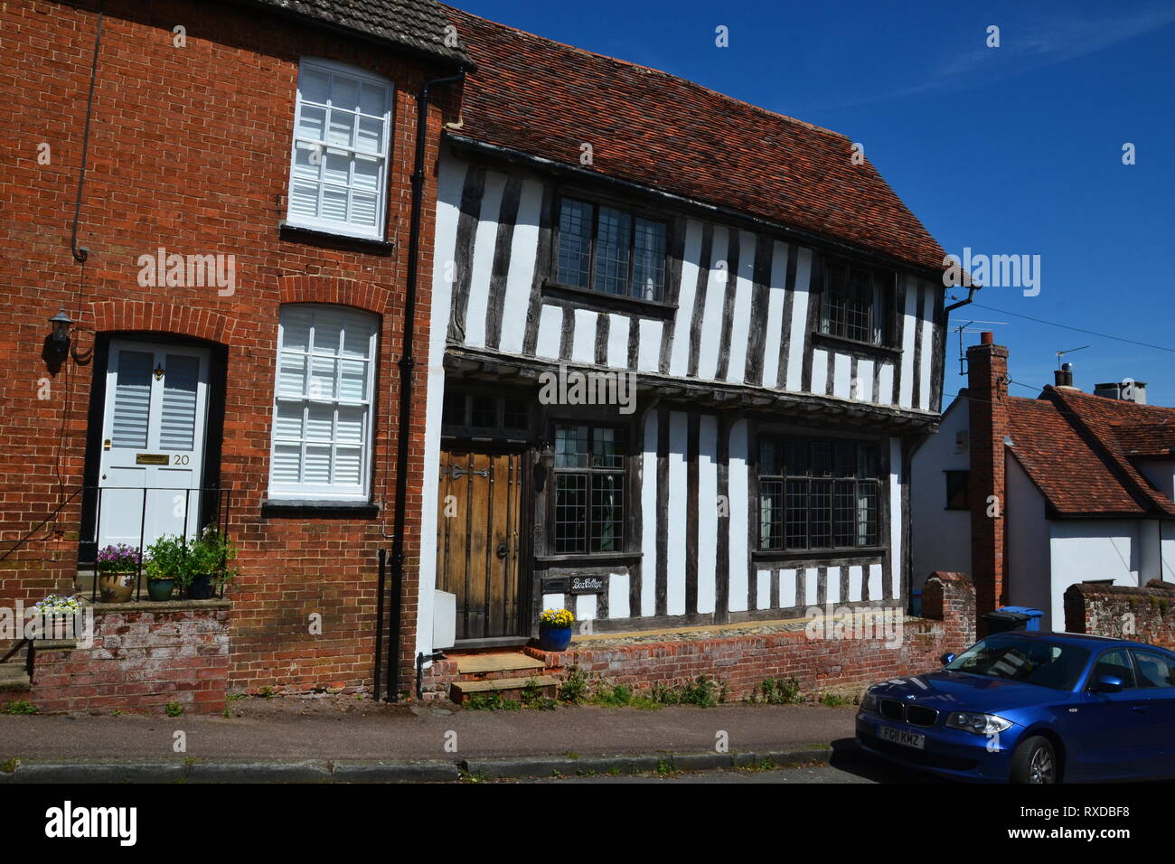 Historic Tudor half-timbered buildings in Lavenham, Suffolk, UK. Sunny ...