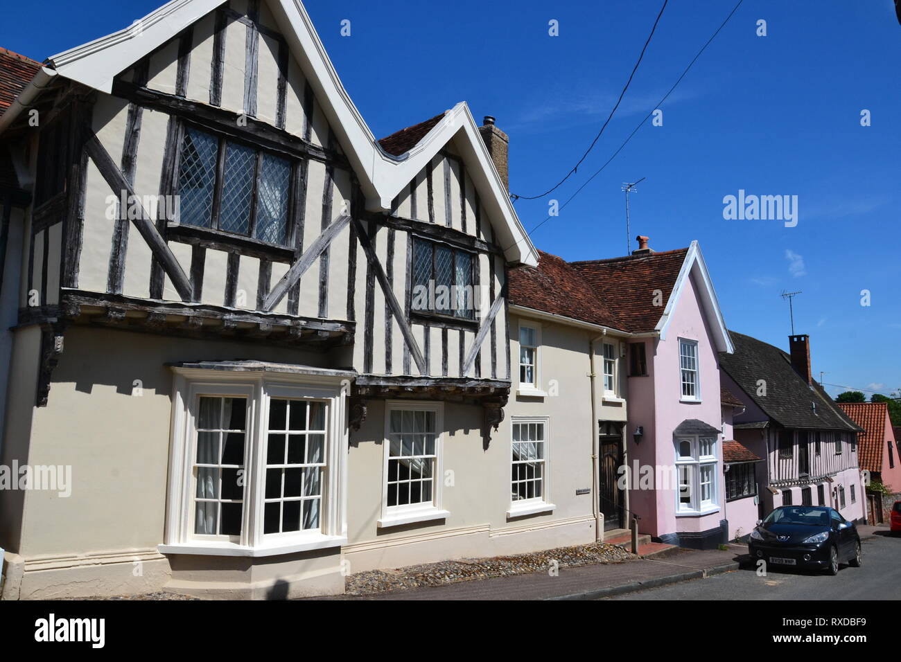 Historic Tudor half-timbered buildings in Lavenham, Suffolk, UK. Sunny ...