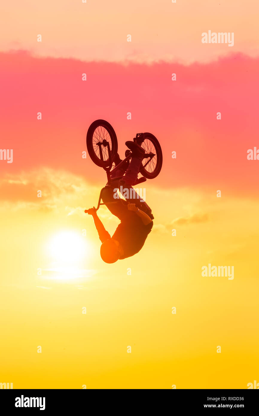 Silhouette of man performing tricks on bmx bike against pink sunset sky ...