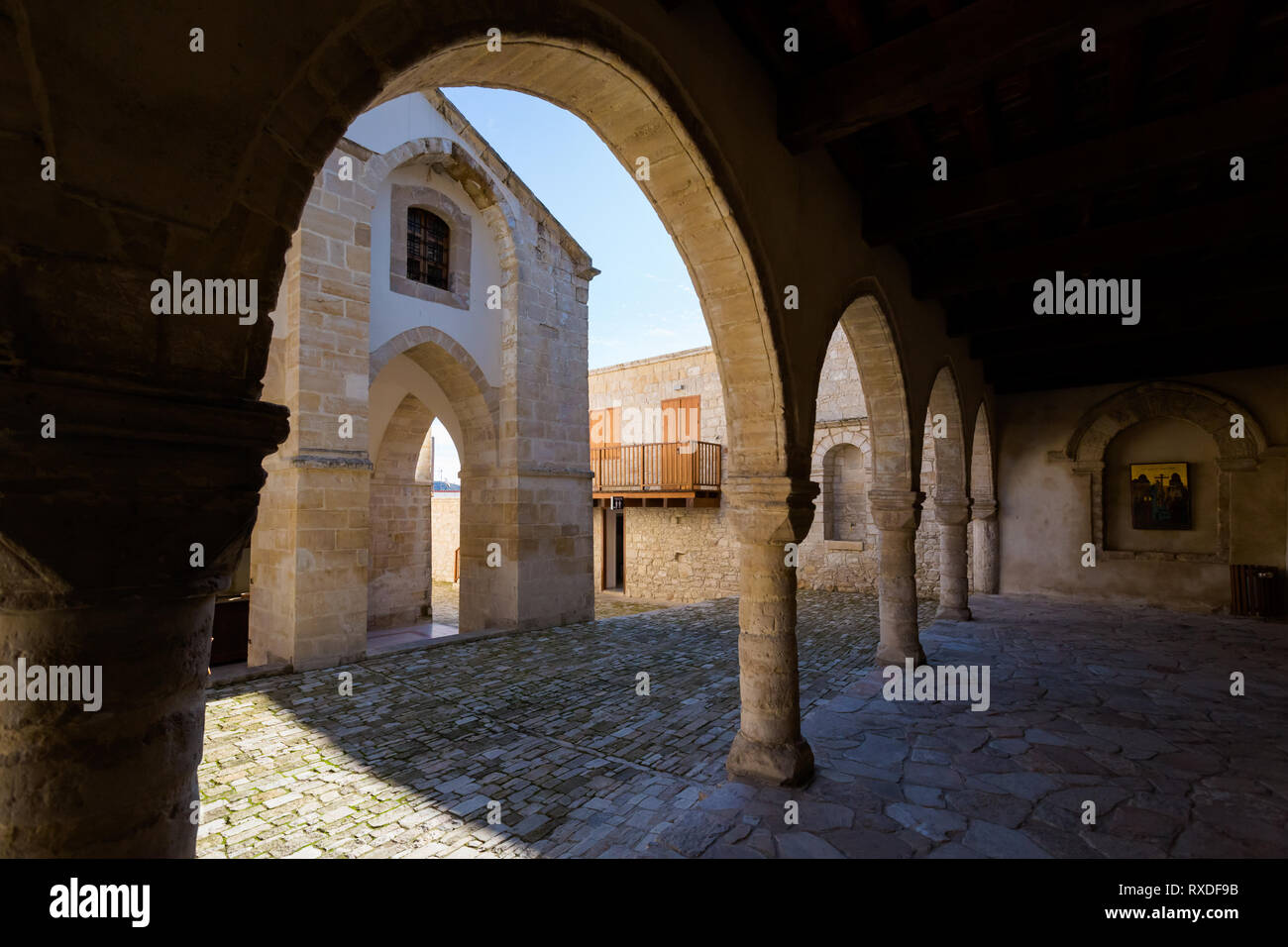 Beautiful architecture of old church in Omodos town. Cityscape taken on ...