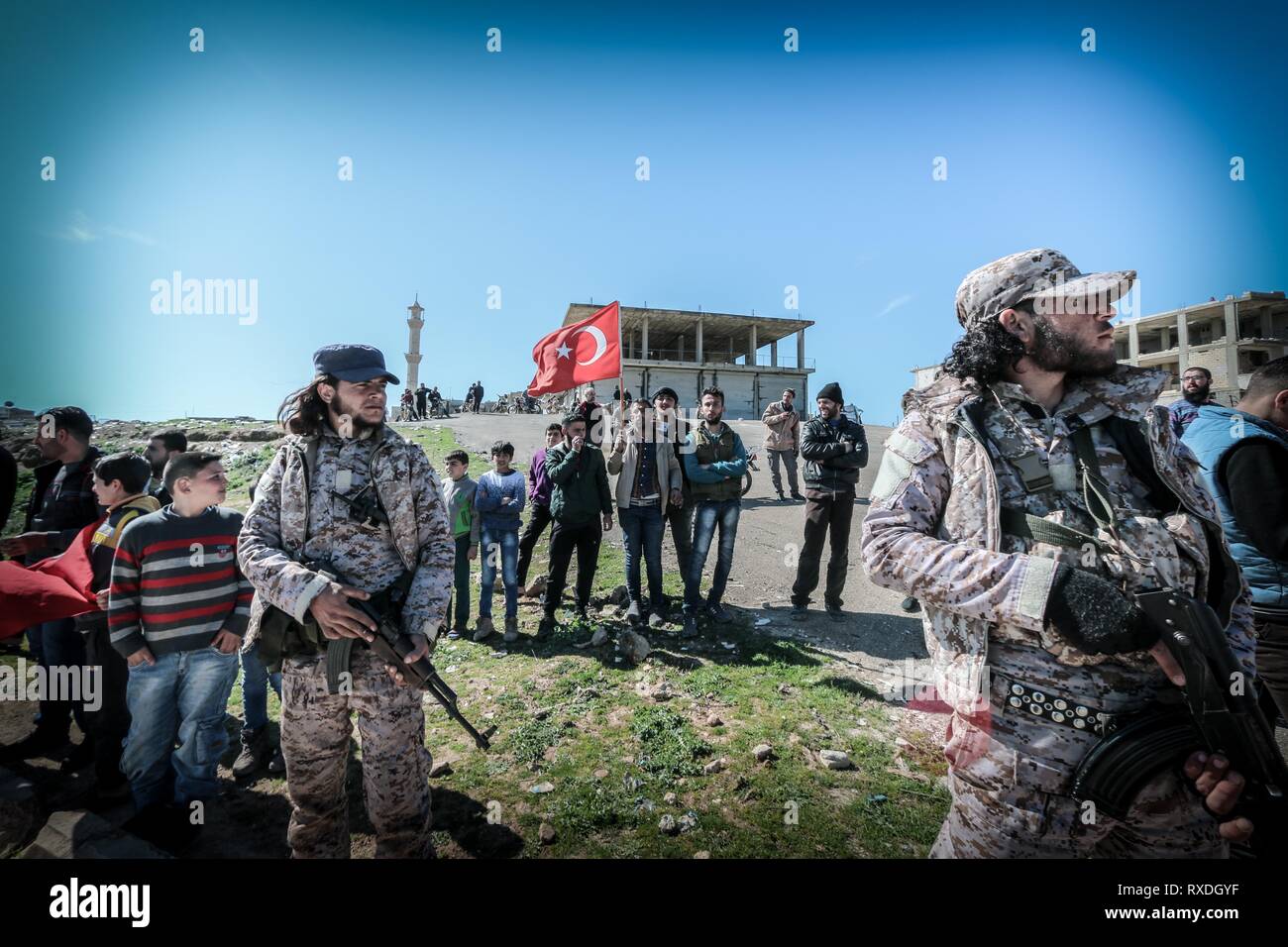Idleb, Idleb, Syria. 8th Mar, 2019. Armed soldiers seen standing guard ...