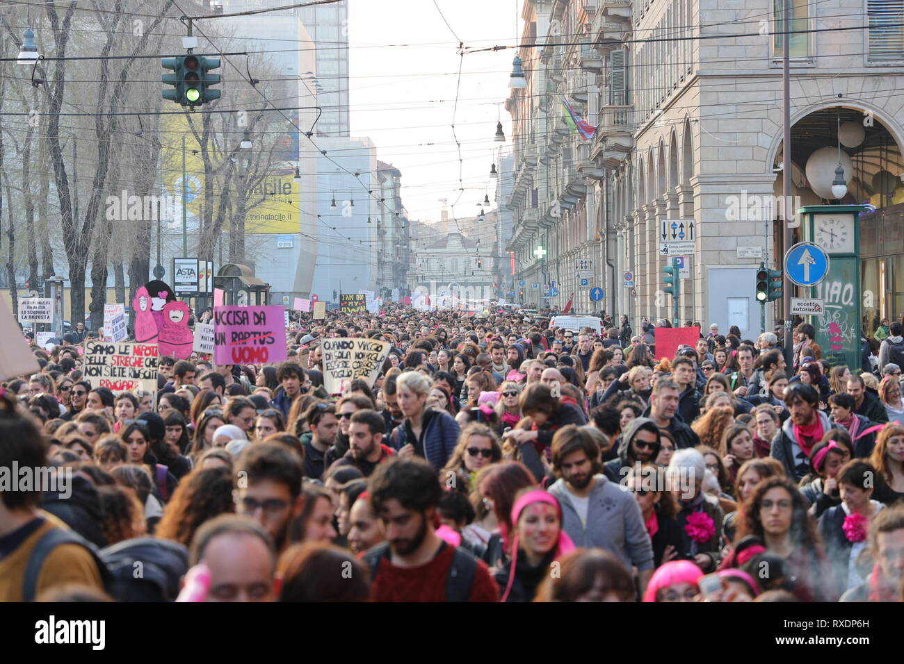 Turin, Italy. 8th March 2019. Women go on strike and demonstrate to ...