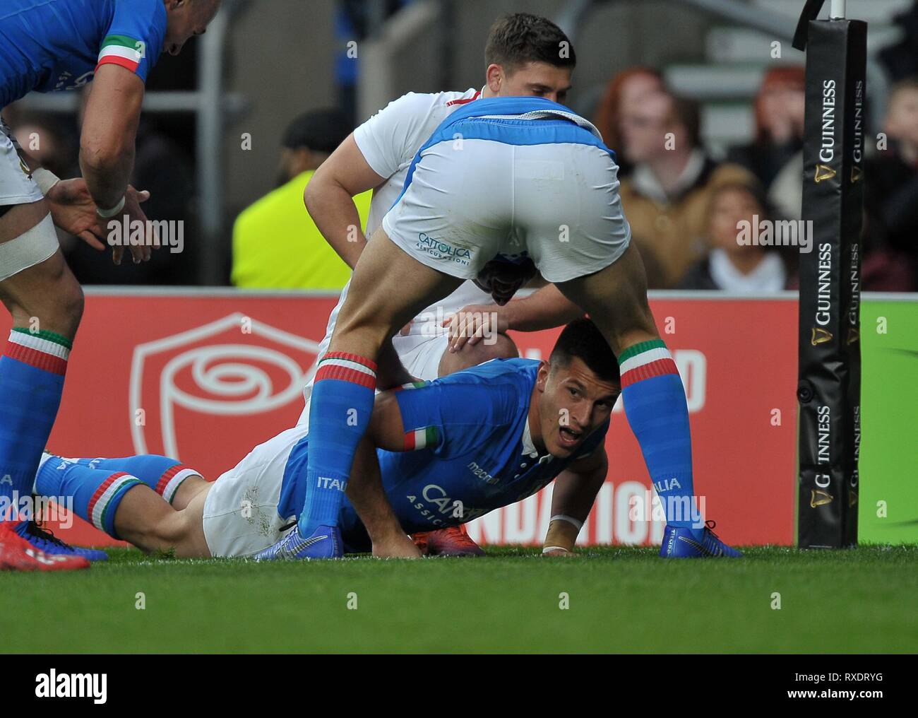 London, UK. 09th Mar, 2019. Tommaso Allan (Italy) celbrates scoring the ...
