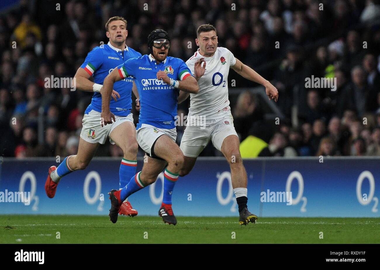 London, UK. 09th Mar, 2019. Ian McKinley (Italy) and Owen Farrell ...
