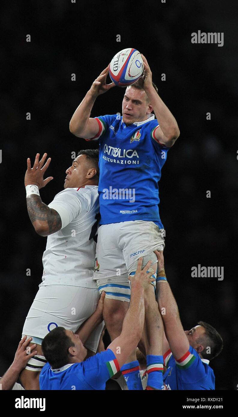 London, UK. 09th Mar, 2019. Federico Ruzza (Italy) at the line out ...